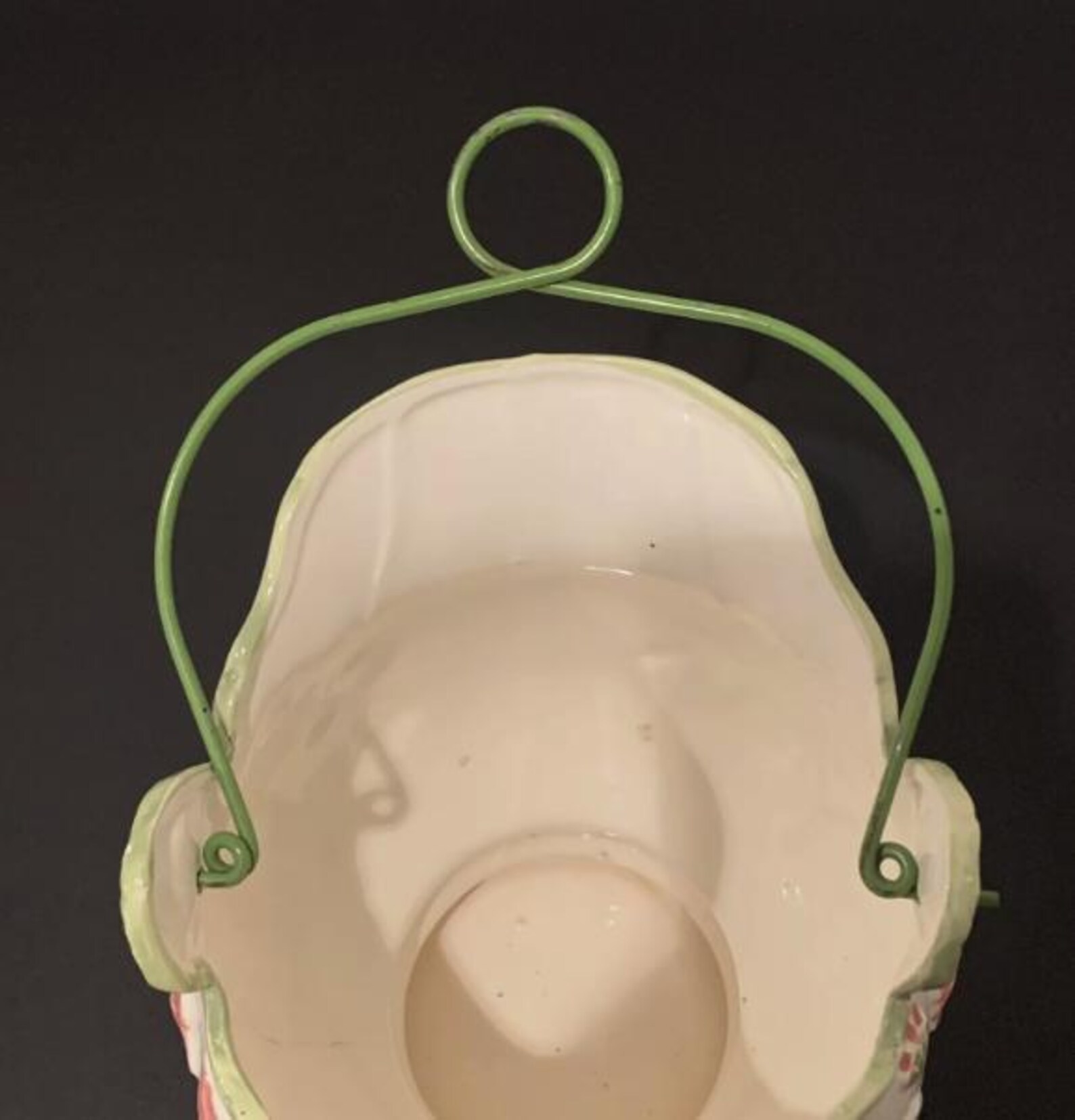 Vintage Porcelain Vase Pitcher Pink Flowers Green Wire Hanger Victorian ...