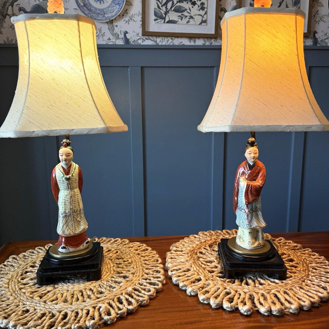 2 Chinese Porcelain Lamps Geisha Asian Figure Jadeite Brass Mid Centry ...