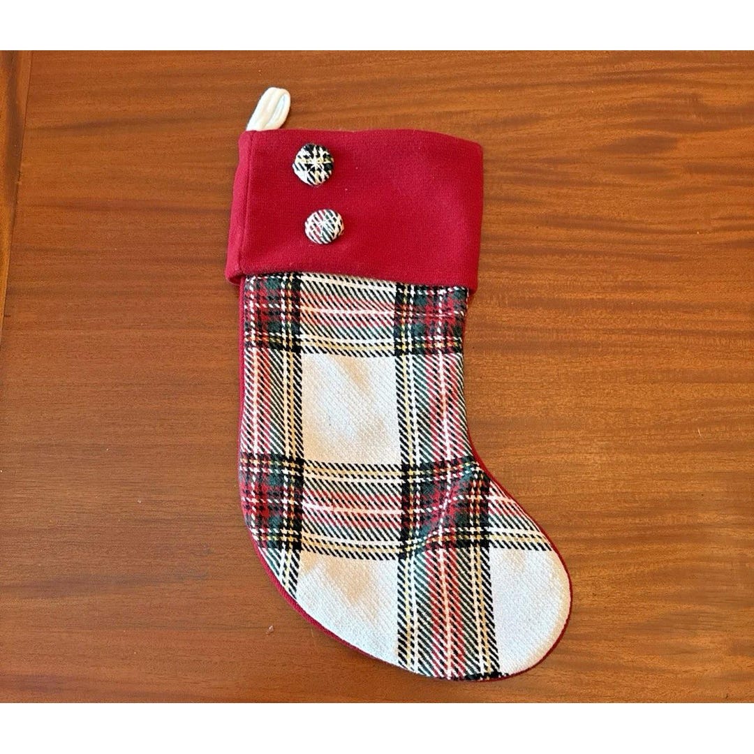 Classic Plaid Christmas Stocking 17" | Tweed Look Red Piping Buttons ...