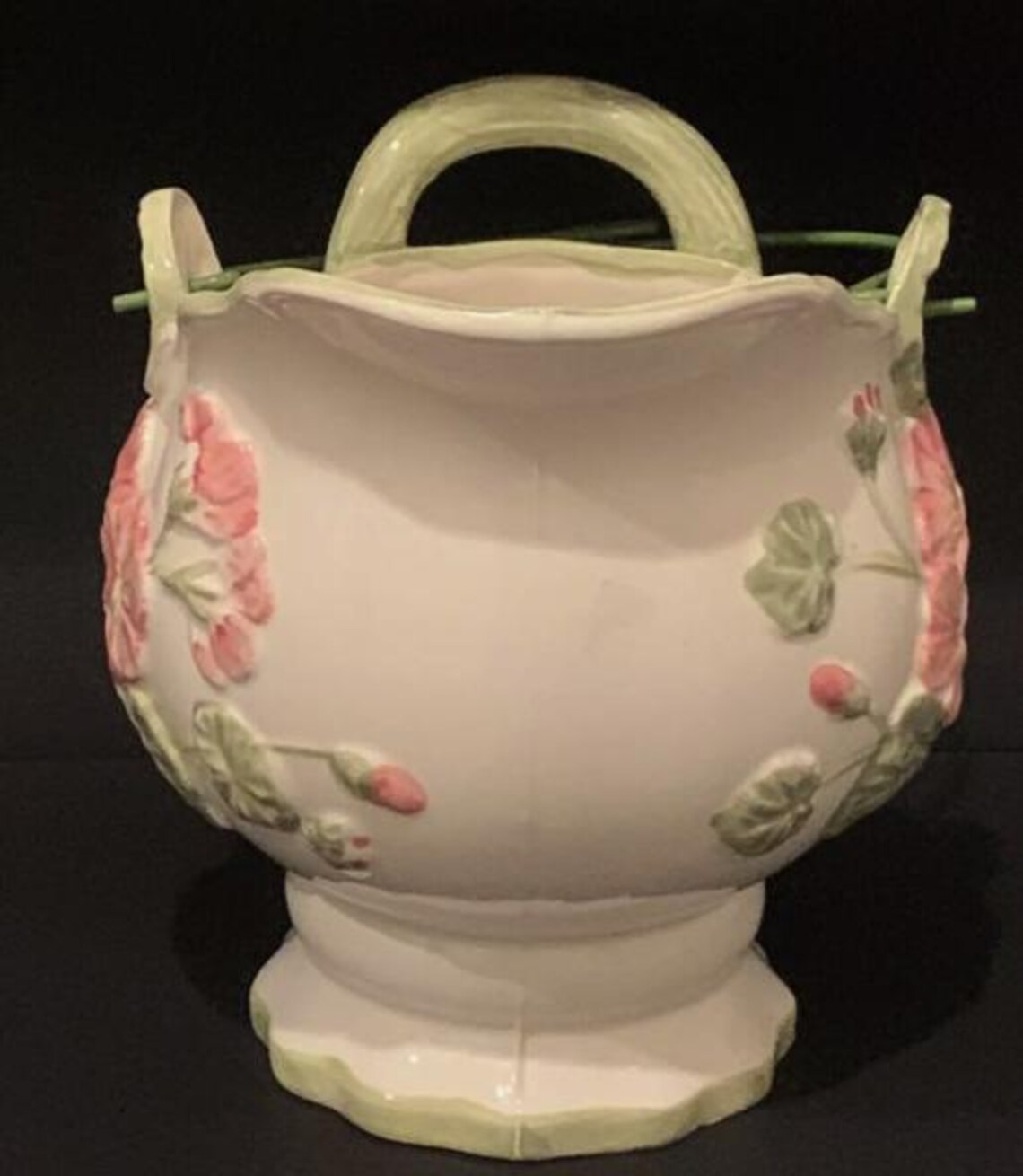 Vintage Porcelain Vase Pitcher Pink Flowers Green Wire Hanger Victorian ...