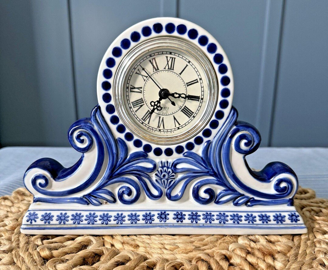 Delft Style Mantel Clock Blue White Hand Painted Blue Chinoiserie ...