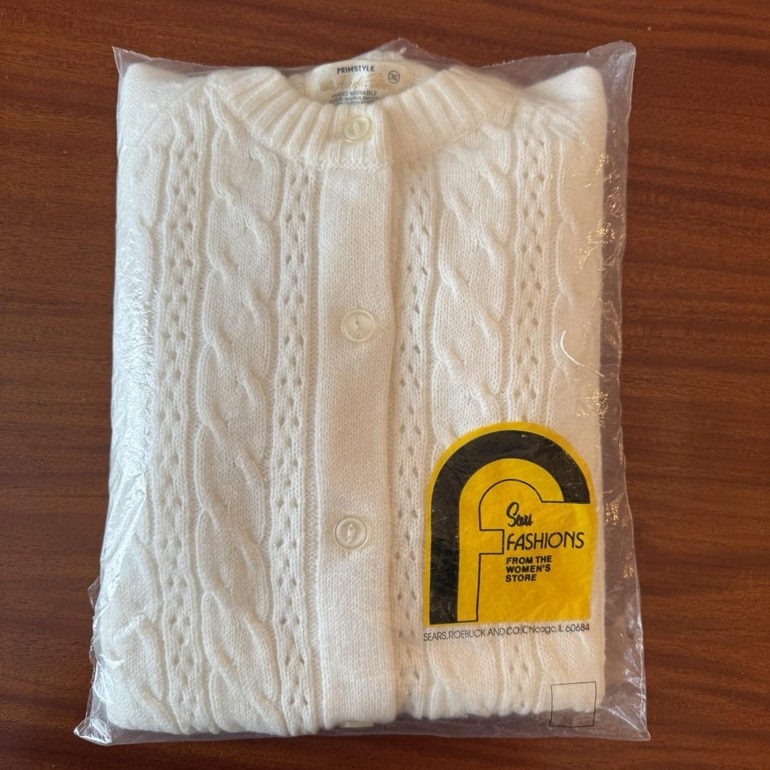 Vintage Primstyle Cable Knit Cardigan Size 36 (M) –white NOS Sears Bag ...