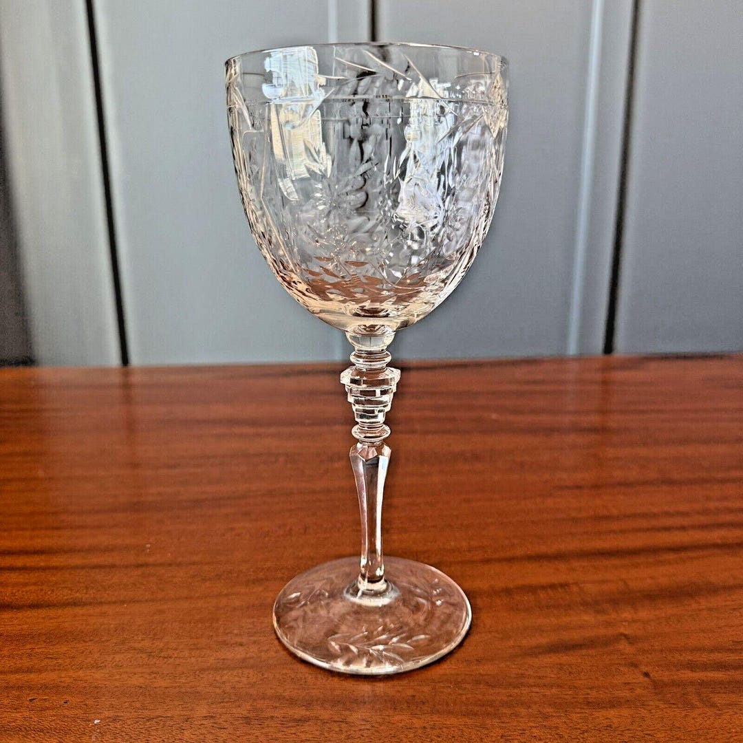 Very Rare Vintage Rock Sharpe Crystal Wine Glass Cut Floral & Diamond ...