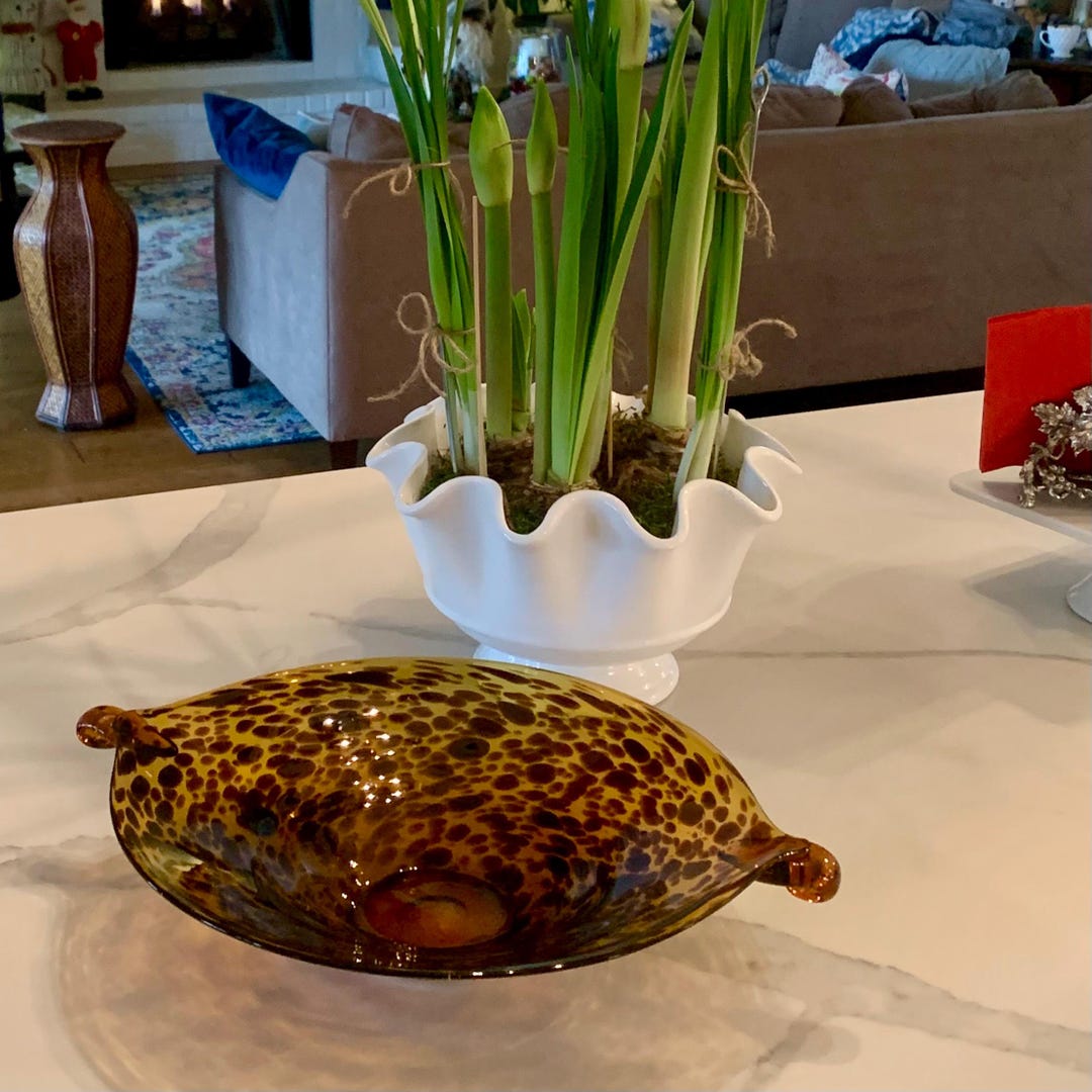 Hand Blown Glass Tortoise Shell Bowl Oval Swirl Handles Artisan Crafted ...