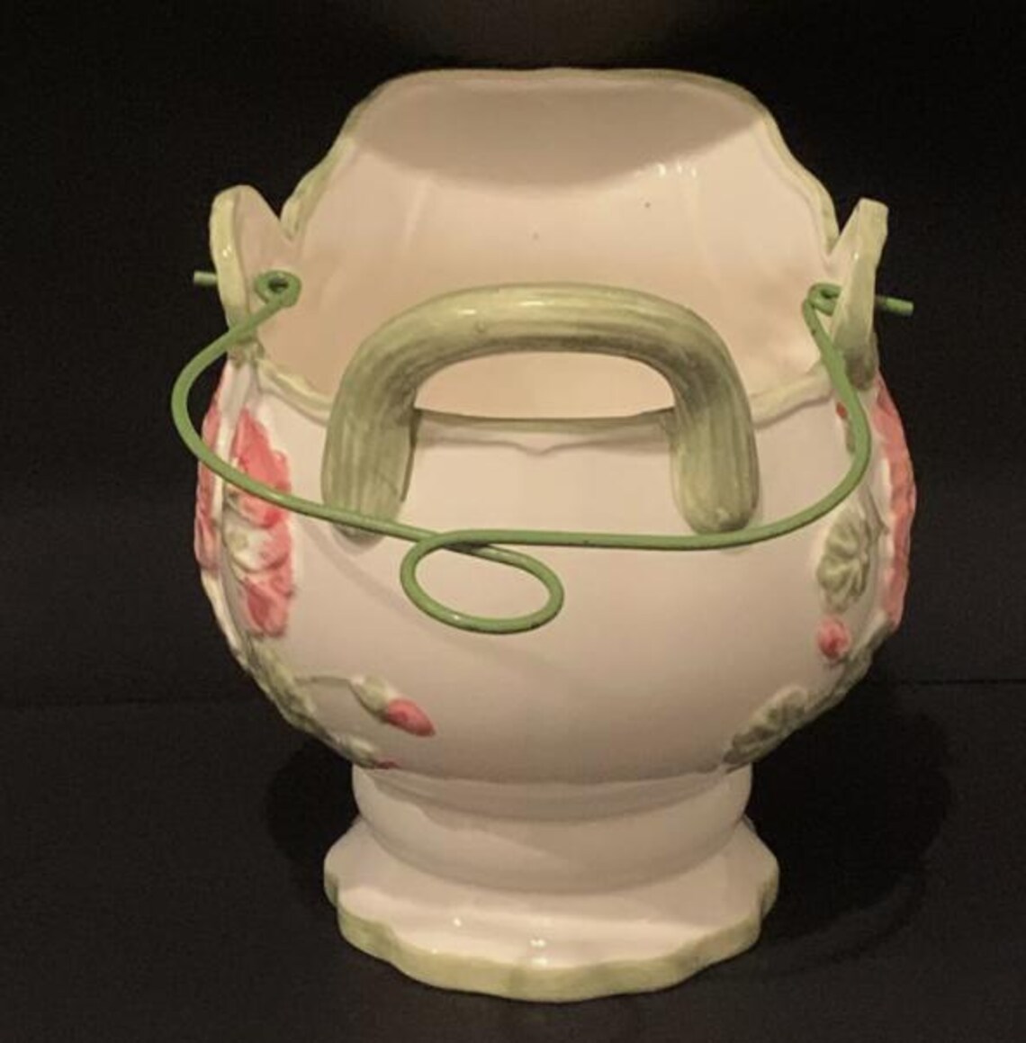Vintage Porcelain Vase Pitcher Pink Flowers Green Wire Hanger Victorian ...