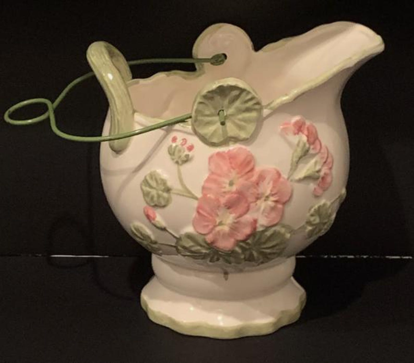 Vintage Porcelain Vase Pitcher Pink Flowers Green Wire Hanger Victorian ...