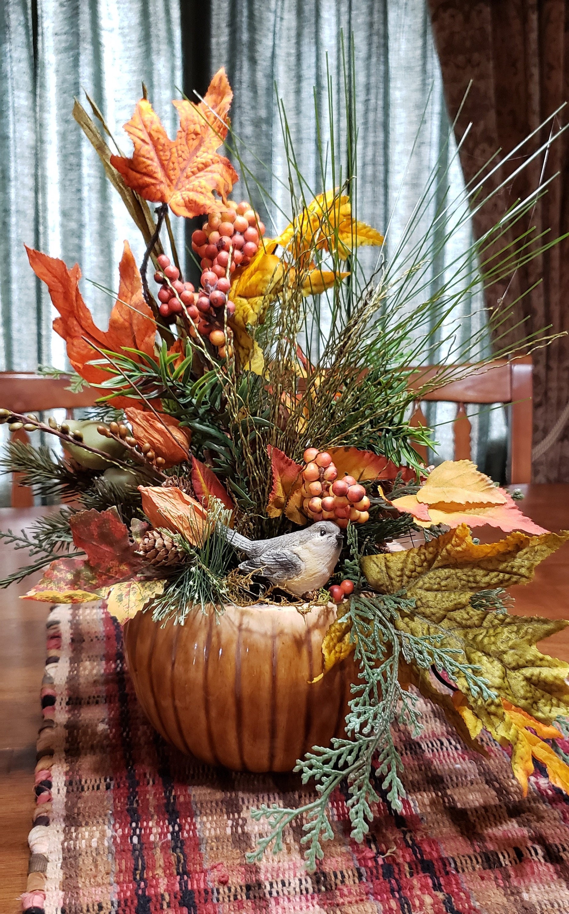 15" Fall Thanksgiving Table Top Arrangement Bird Leaves Cones Acorns ...
