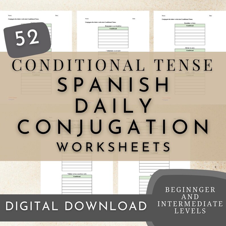 52 Spanish Daily Conjugation Worksheets | Conditional Tense | for ...