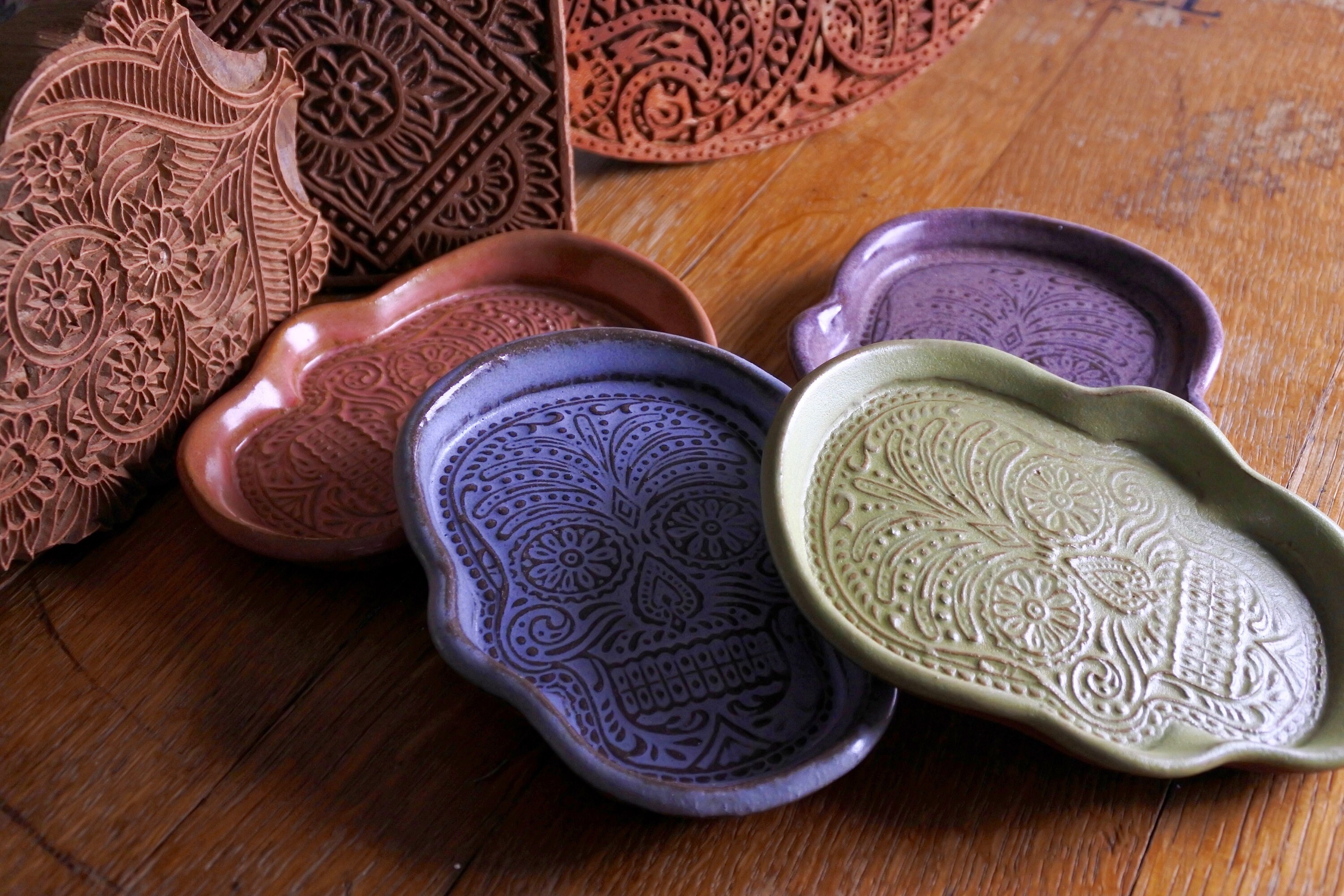Day of the Dead Calavera Skull Spoon Rest Hand Made Block Printed ...