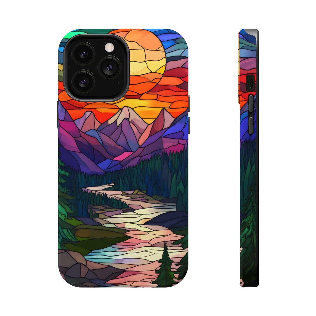 Stained Glass Landscape Magsafe iPhone Case With Mountains and Vibrant ...