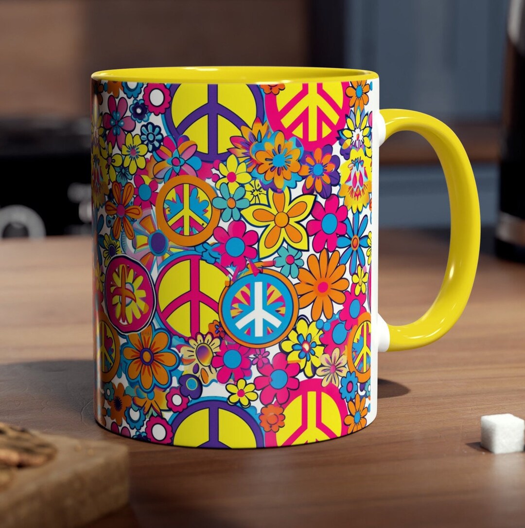 Groovy 70s Retro Peace Sign Coffee Mug Vibrant Psychedelic Floral ...