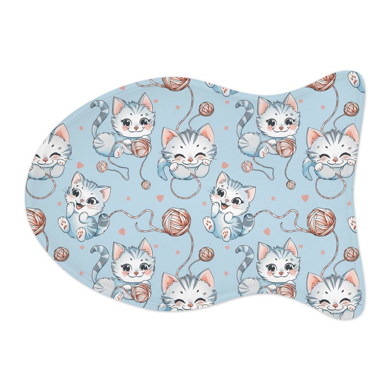 Kawaii Kitten Yarn Play Pet Feeding Mat Pastel Blue Cat Food Bowl ...