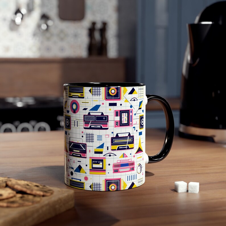 Retro 80s Vibe Mug Neon Geometric Shapes & Boombox Design - Etsy