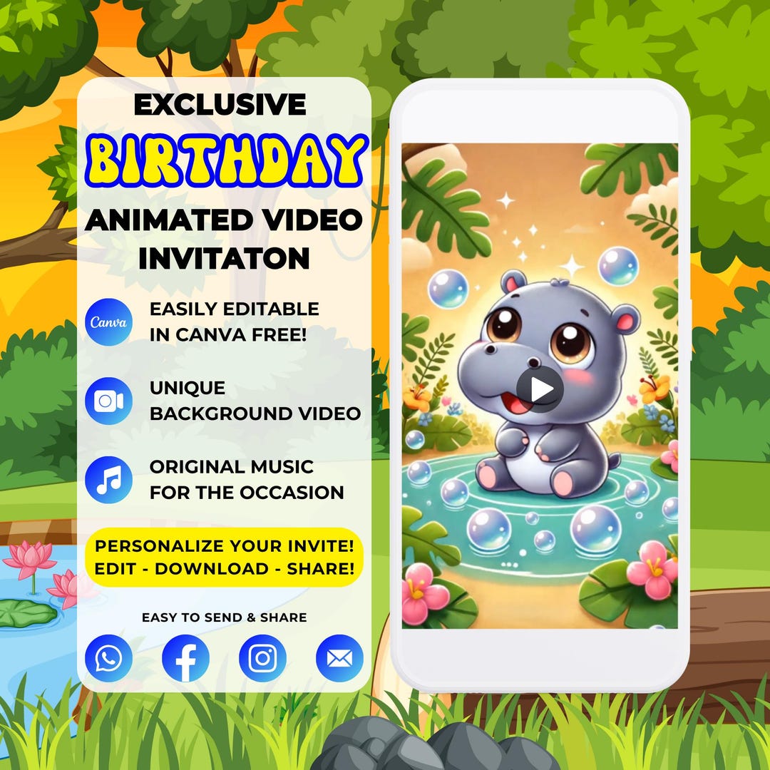 Animated Hippo Birthday Invitation | Editable Little Hippo Video Card ...