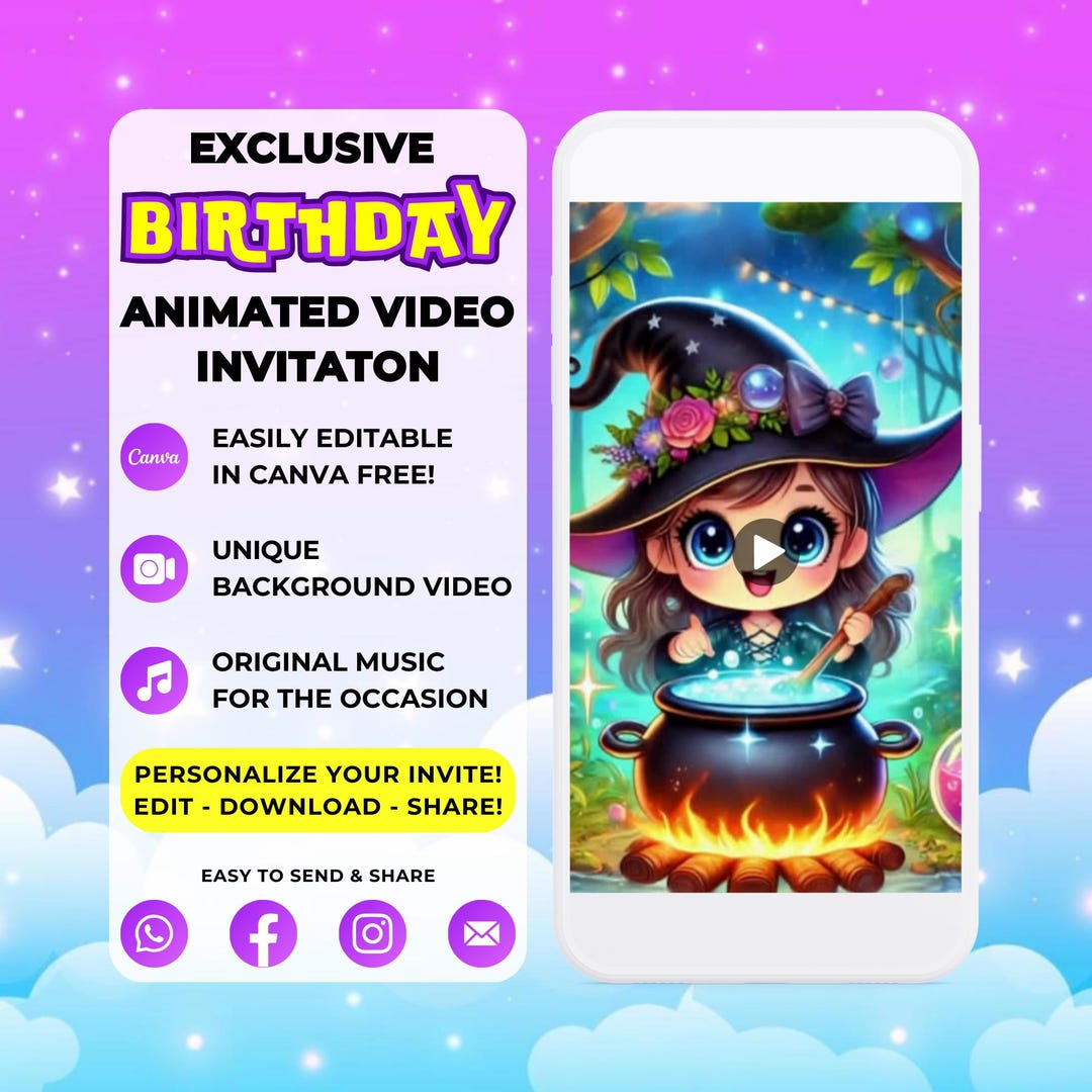 Animated Birthday Video Invitation | Cute Witch Card | Editable in ...