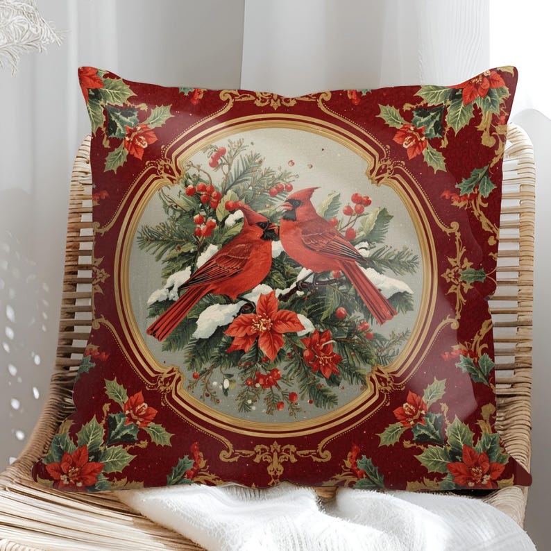 Christmas Cardinal Pillow Cover, Red Bird Holiday Throw Pillow, Winter ...