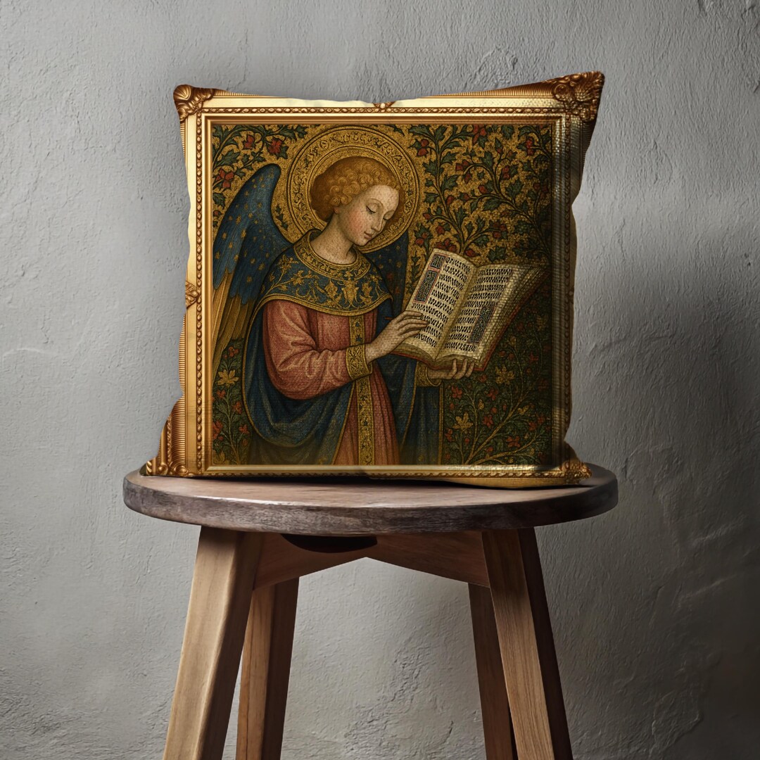 Medieval Angel Pillow Cover, Gothic Tapestry-inspired Cushion, Sacred ...