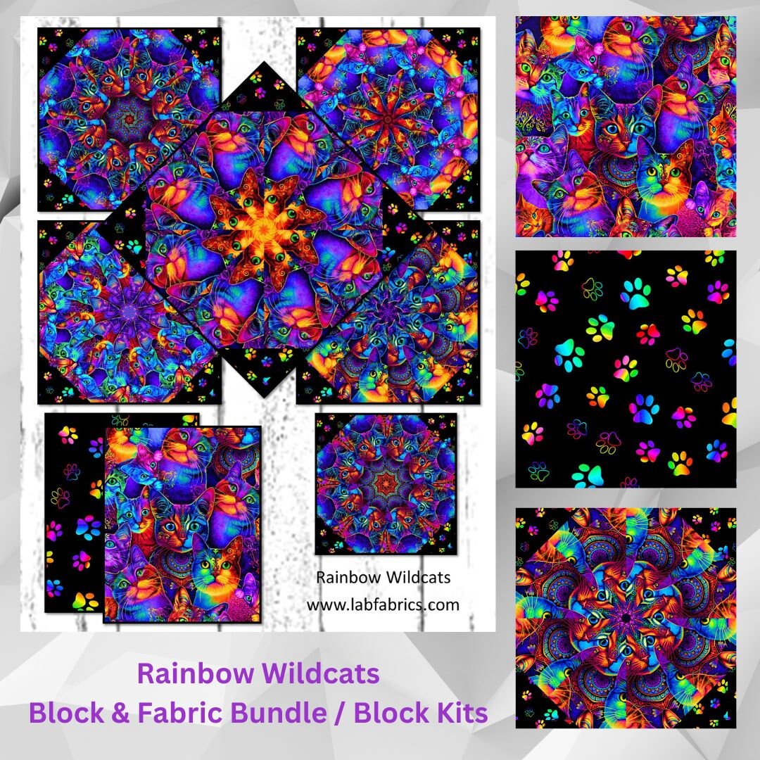 Pre Cut Quilt Kit, RAINBOW WILDCATS Fabric BUNDLE Pak, Kaleidoscope ...