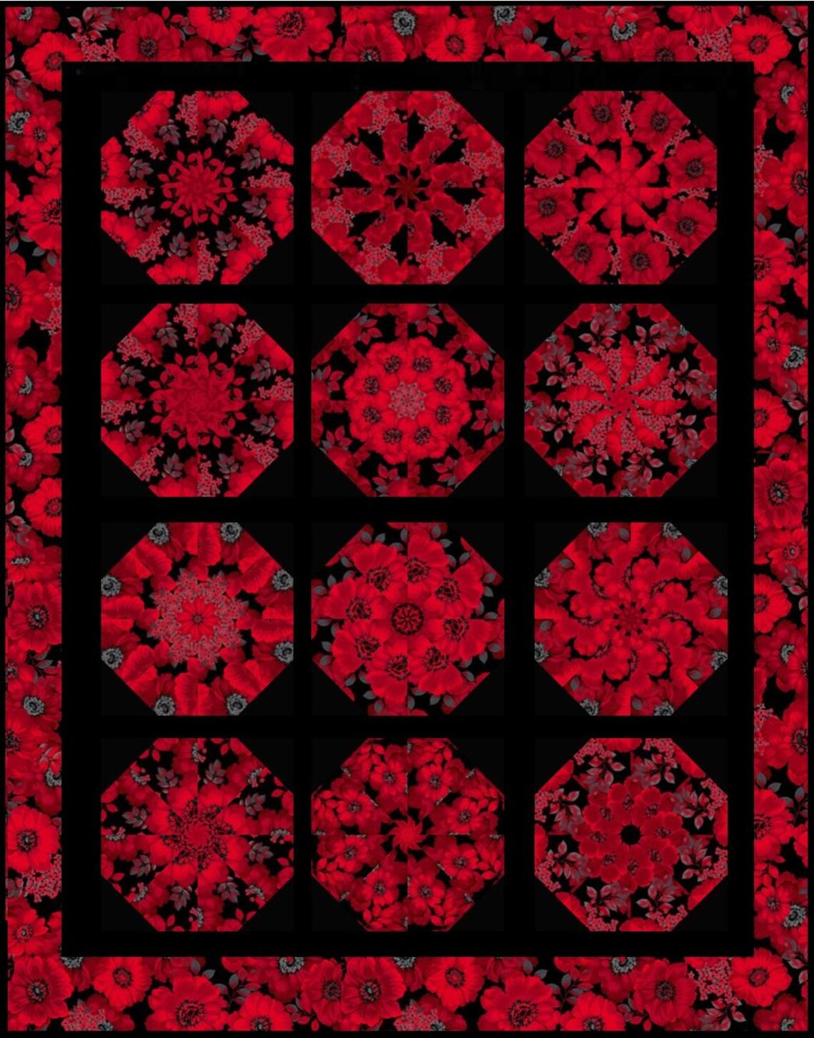 Pre-cut Quilt Kit, Red and Black Floral Kaleidoscope Quilt Kit, Pre Cut ...