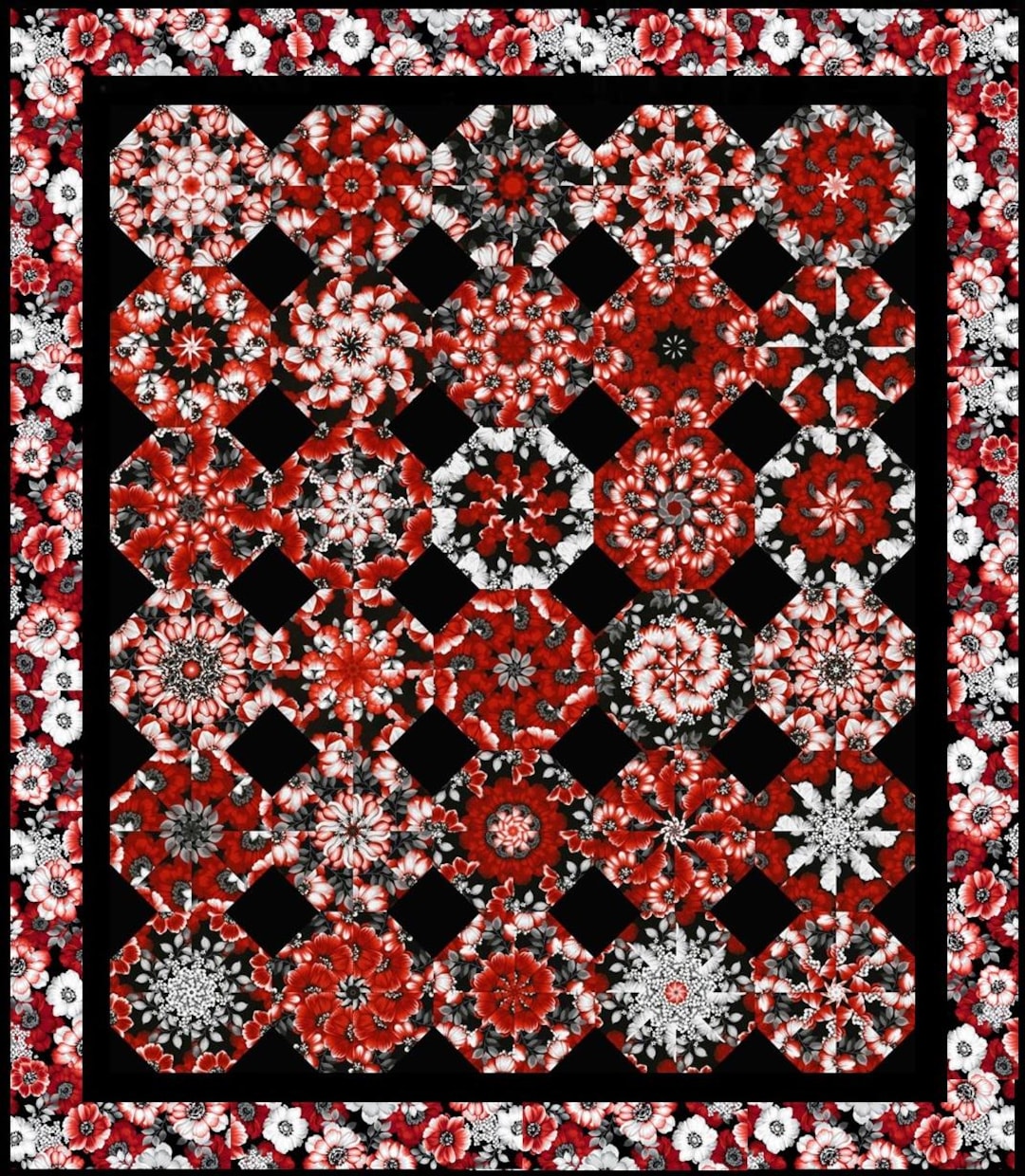 Pre-cut Quilt Kit, Floral Quilt Kit, Red and Black Floral Kaleidoscope ...