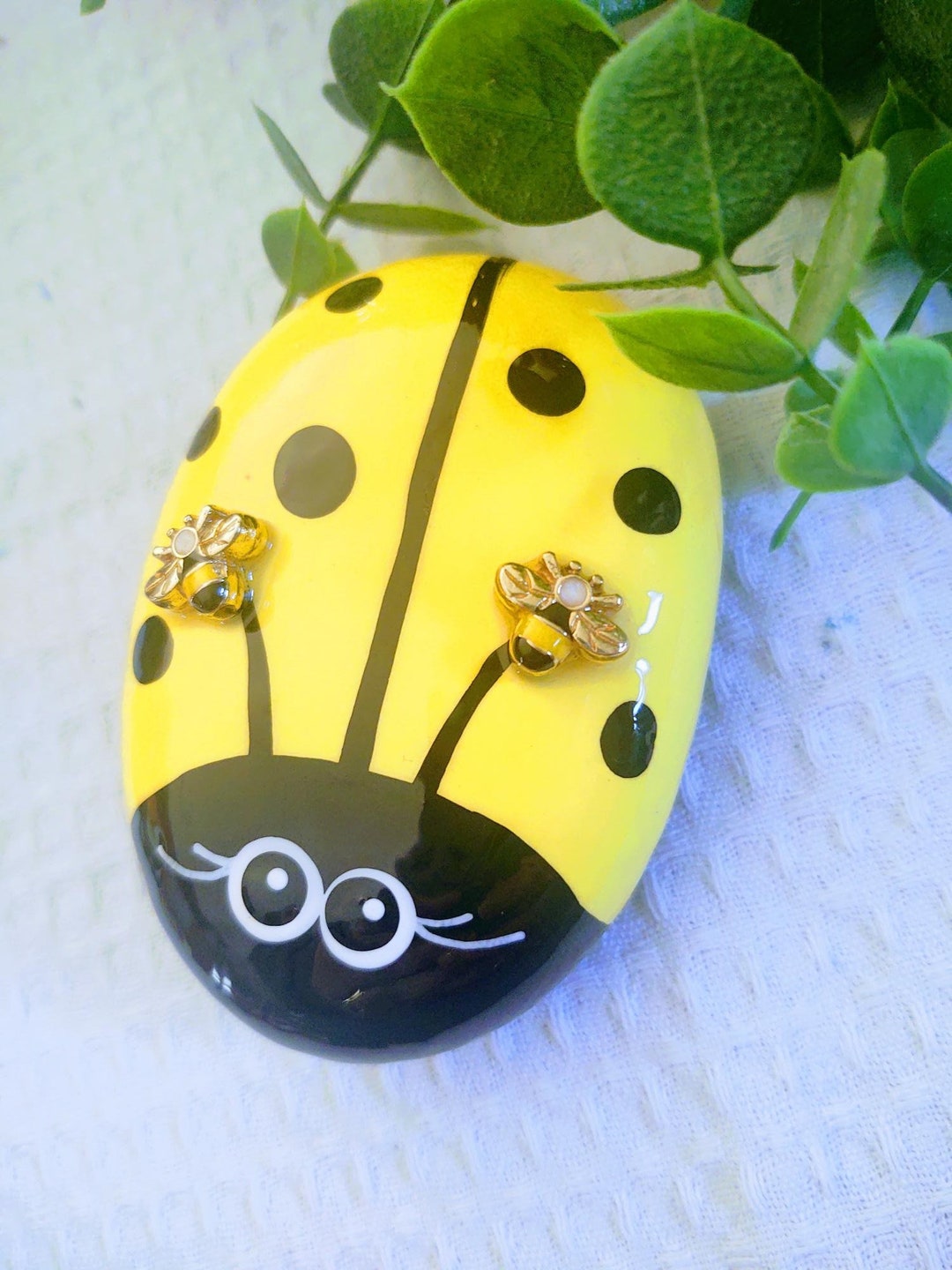 Painted Ladybug Rock, Bumble Bee Painted Rock, Ladybug Rocks, Yellow Ladybug Rock, Friendship ...