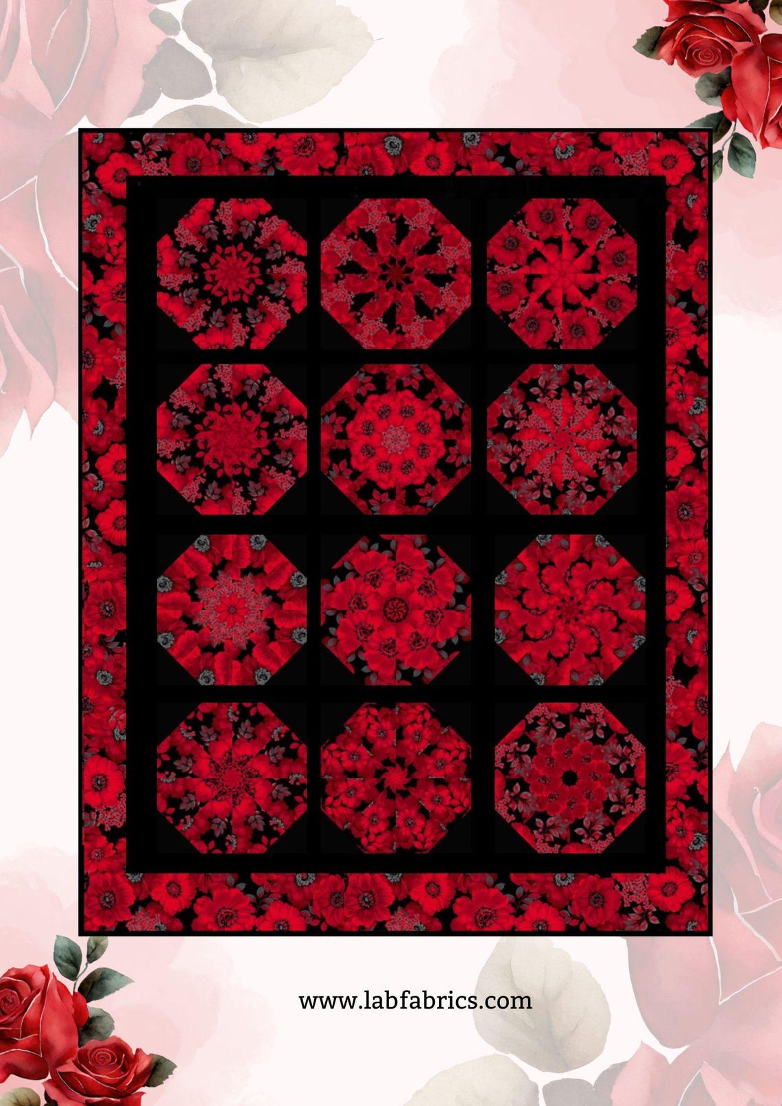 Pre-cut Quilt Kit, Red and Black Floral Kaleidoscope Quilt Kit, Pre Cut ...