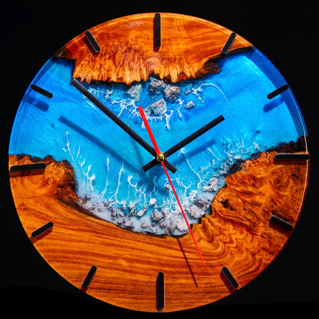 Mediterranean Wave Wall Clock - Olive Wood & Ocean Blue Masterpiece - Etsy