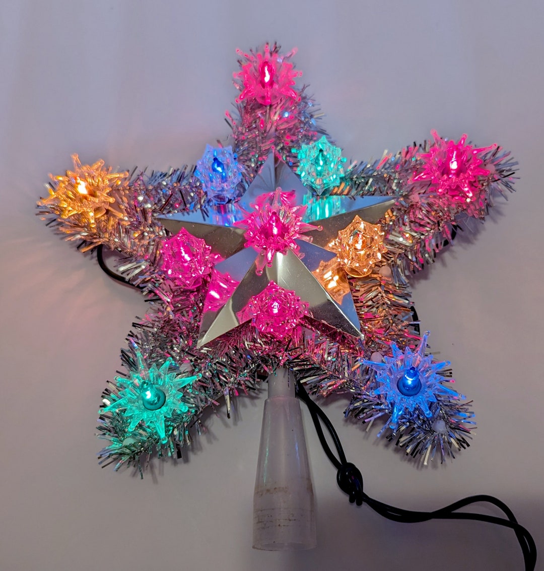 Vintage Silver Tinsel Star 11-light Tree Topper Multi Color Mini Lights ...