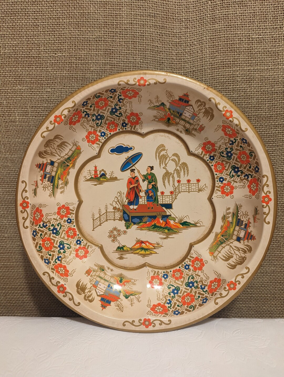 Vintage Daher Quaint Asian Family Scene Tin Dish Bowl Round Made in ...