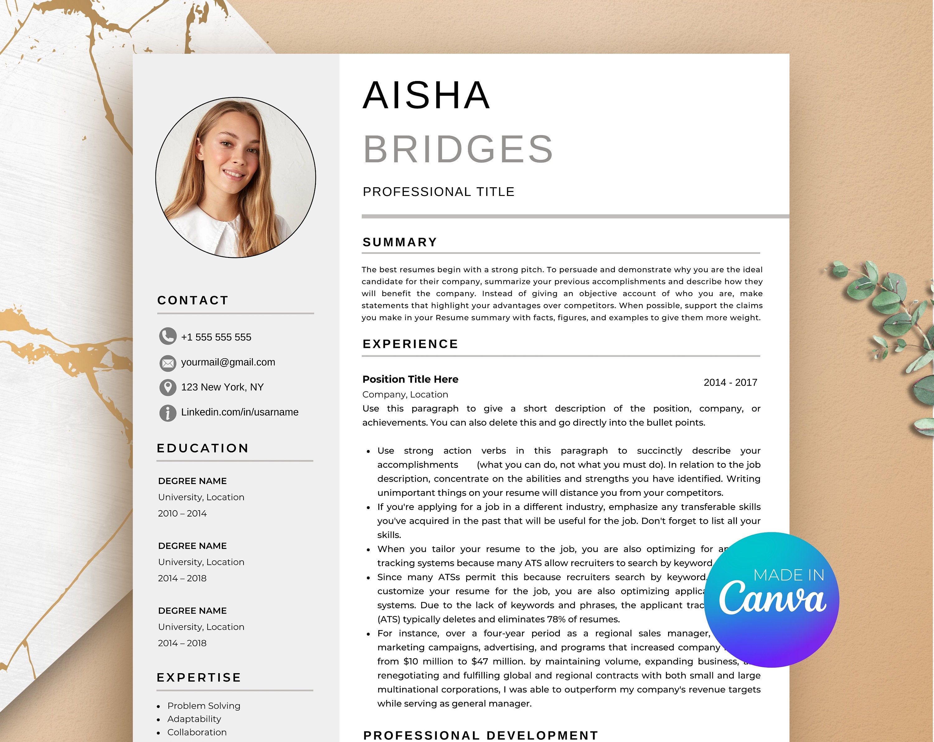 Professional & Modern Resume Template for CANVA Resume Design CV ...