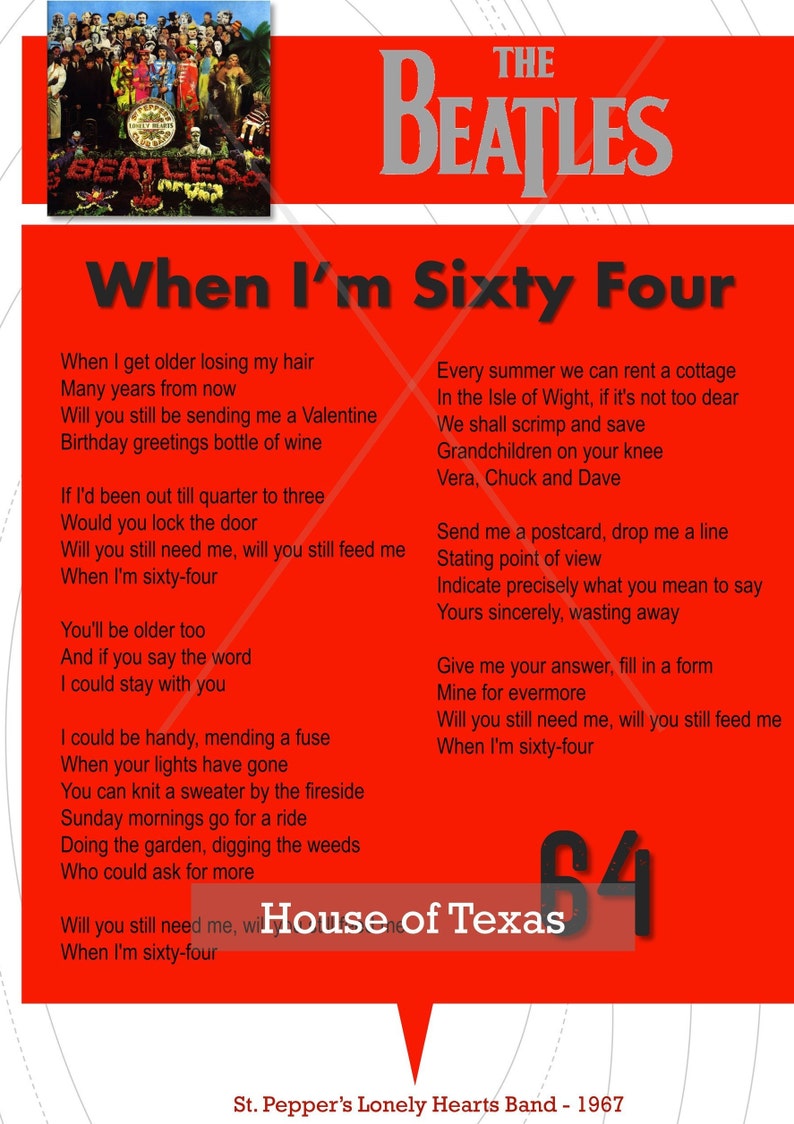 When I'm Sixty Four Print the Beatles Beatles Lyrics From Sgt Pepper ...