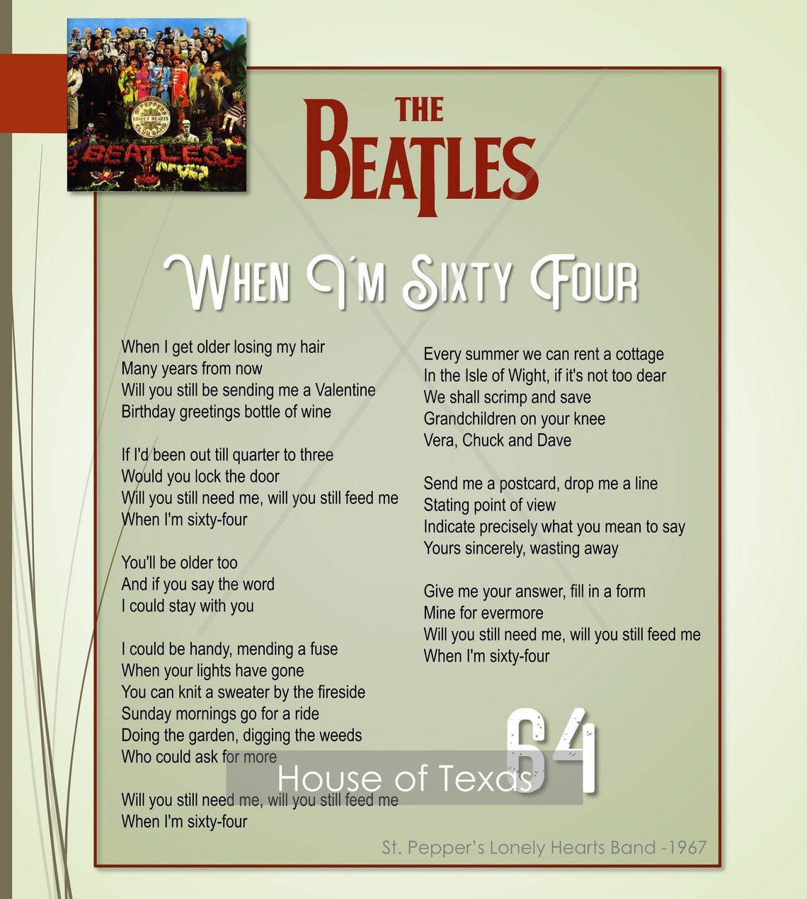 When I'm Sixty Four Print the Beatles Beatles Lyrics - Etsy