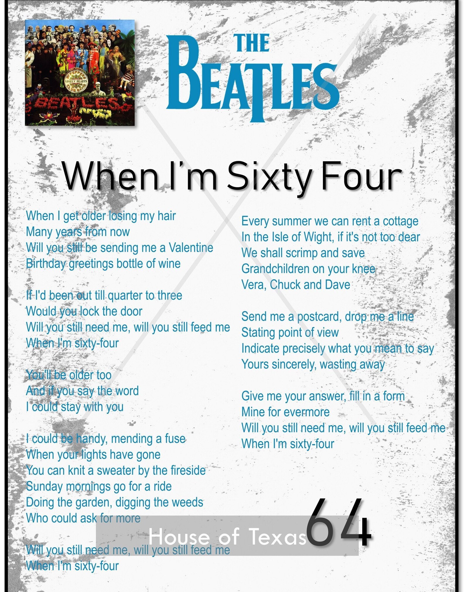 When I'm Sixty Four Print the Beatles Beatles Lyrics From Sgt Pepper ...
