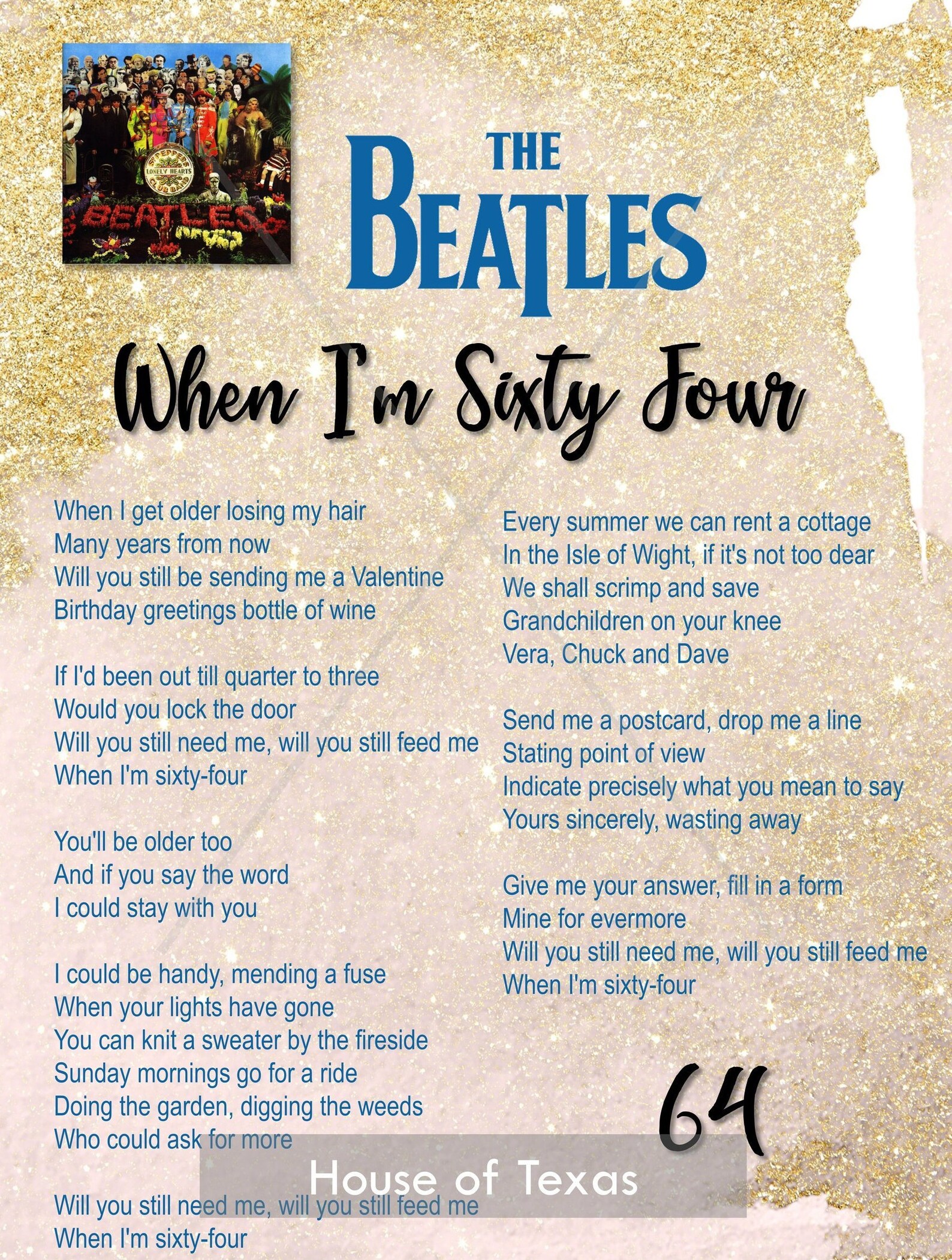 When I'm Sixty Four Print the Beatles Beatles Lyrics From Sgt Pepper ...