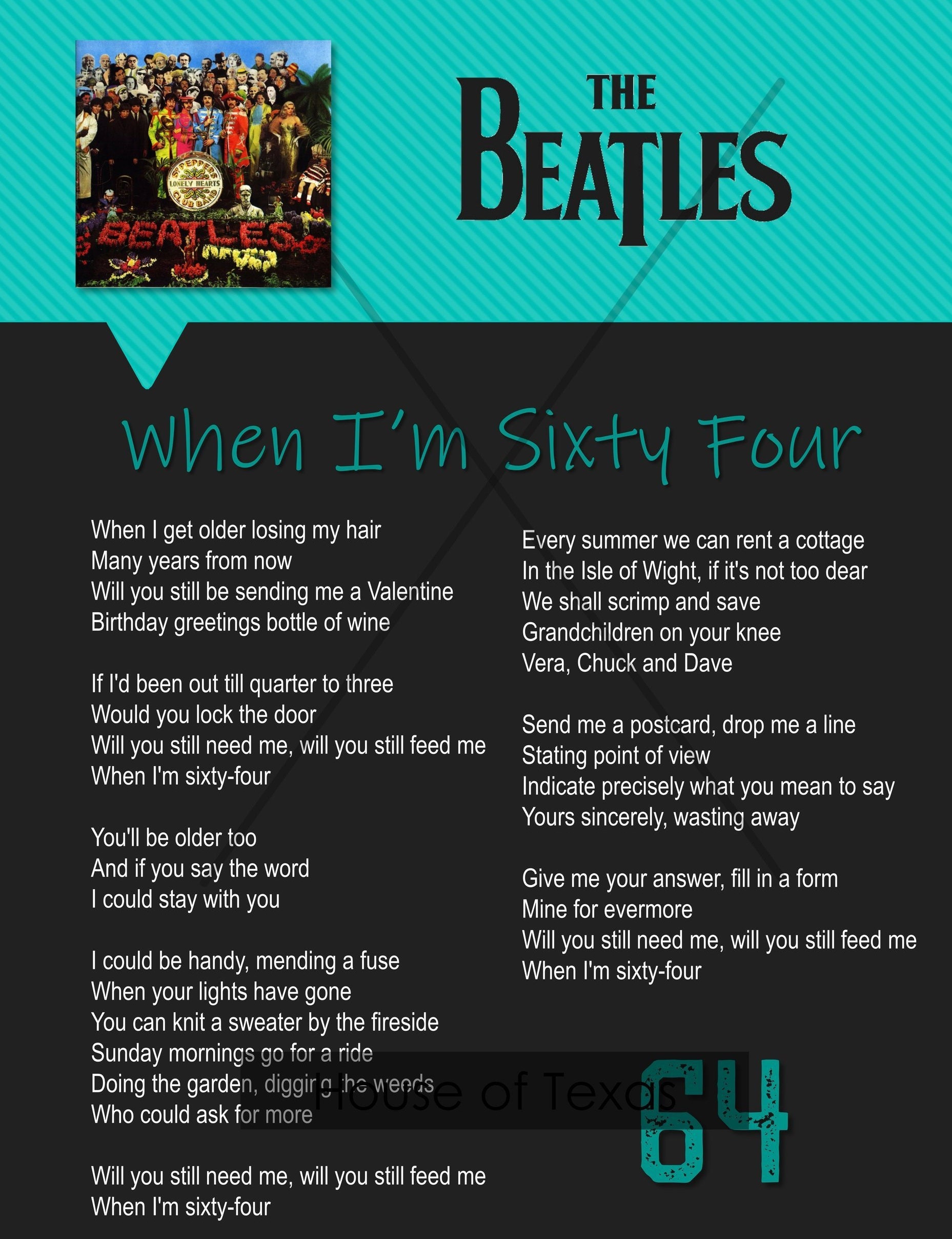 When I'm Sixty Four Print the Beatles Beatles Lyrics - Etsy