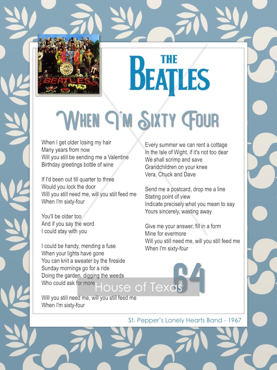 When I'm Sixty Four Print The Beatles Beatles Lyrics | Etsy
