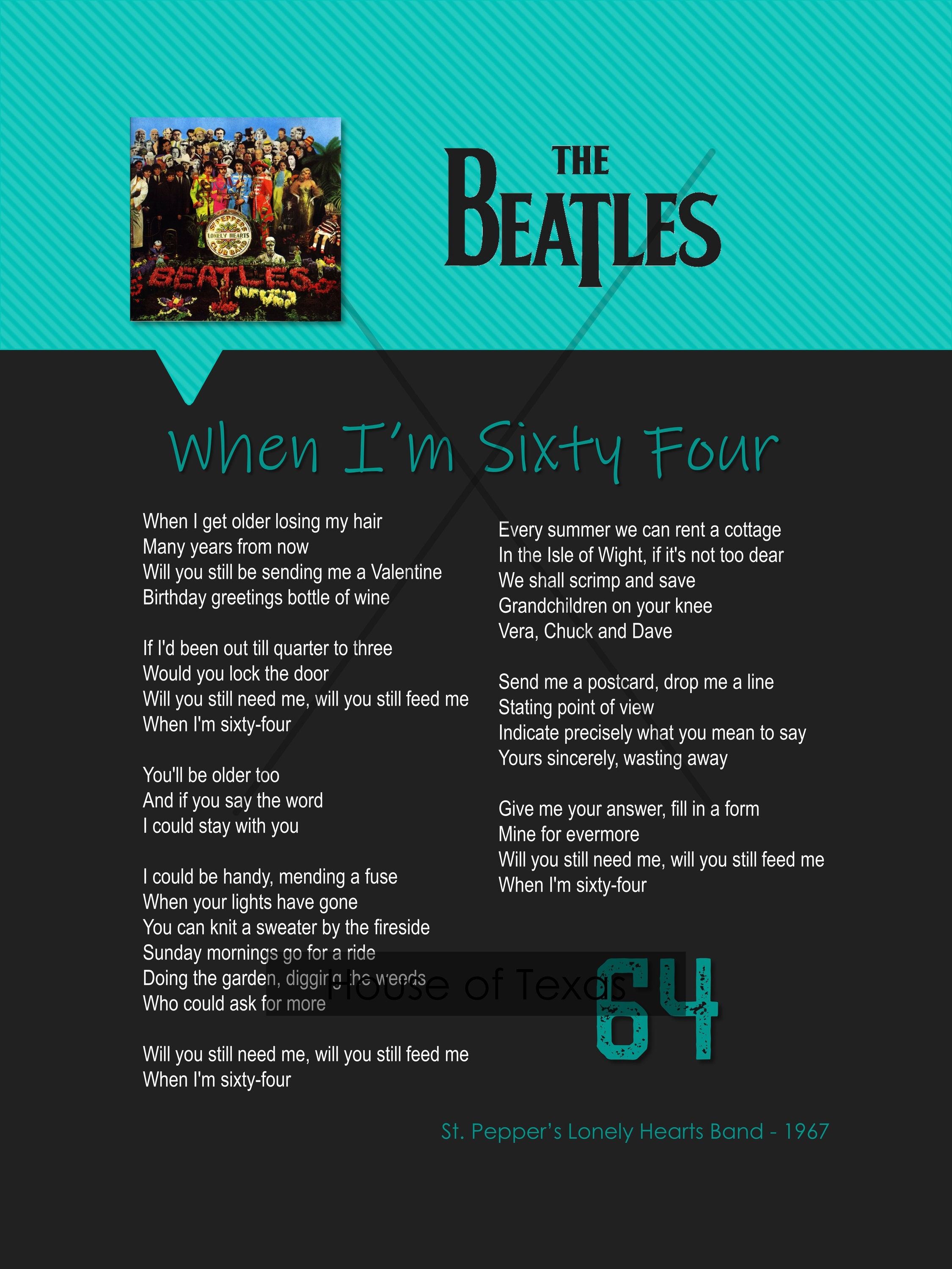 When I'm Sixty Four Print the Beatles Beatles Lyrics - Etsy