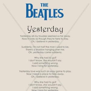 Yesterday Print - the Beatles - Beatles Lyrics - From the Singles ...