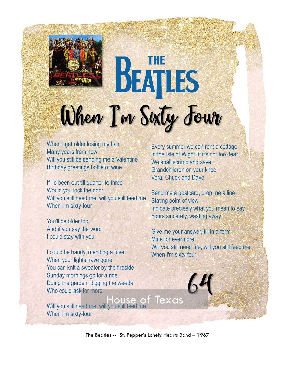 When I'm Sixty Four Print the Beatles Beatles Lyrics From Sgt Pepper ...