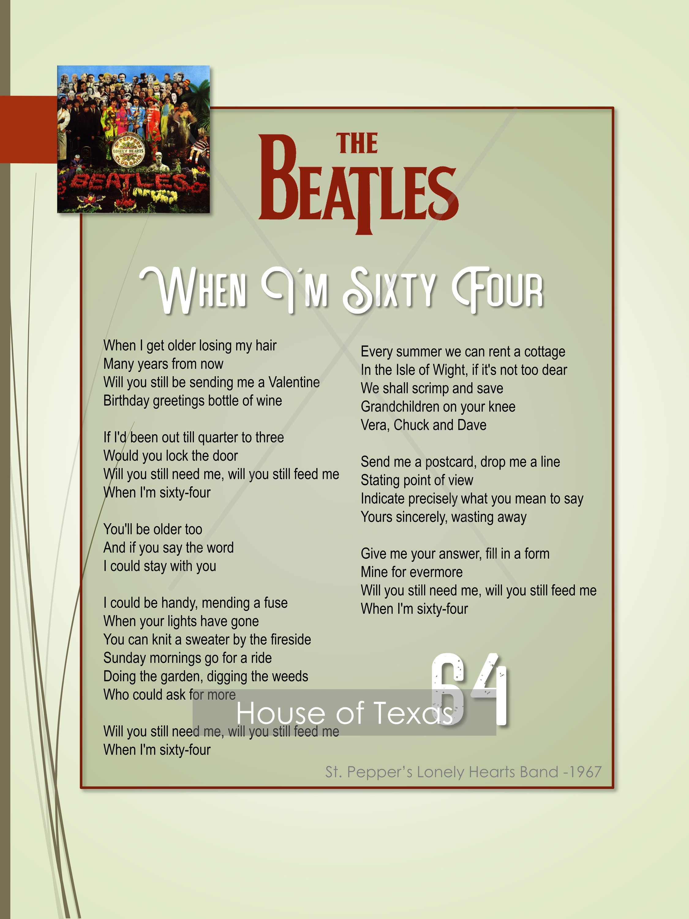 When I'm Sixty Four Print the Beatles Beatles Lyrics From Sgt Pepper ...