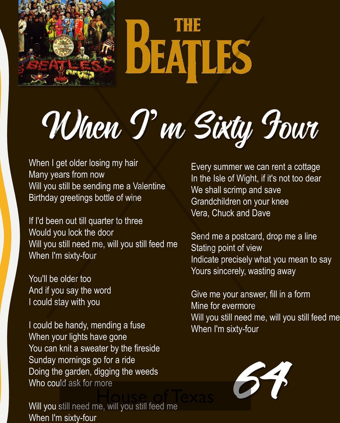 When I'm Sixty Four Print - the Beatles - Beatles Lyrics - From Sgt ...