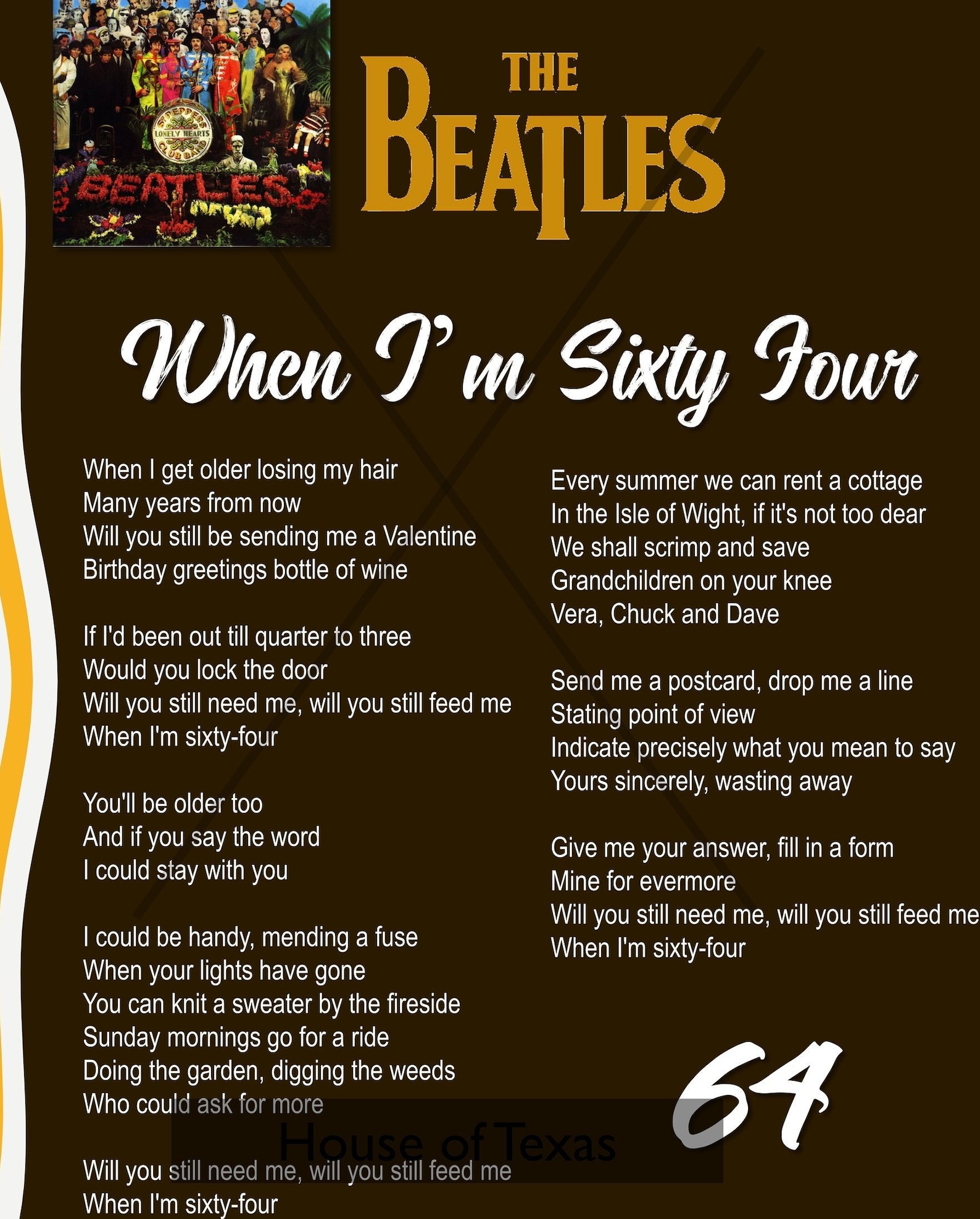 When I'm Sixty Four Print the Beatles Beatles Lyrics From Sgt Pepper ...