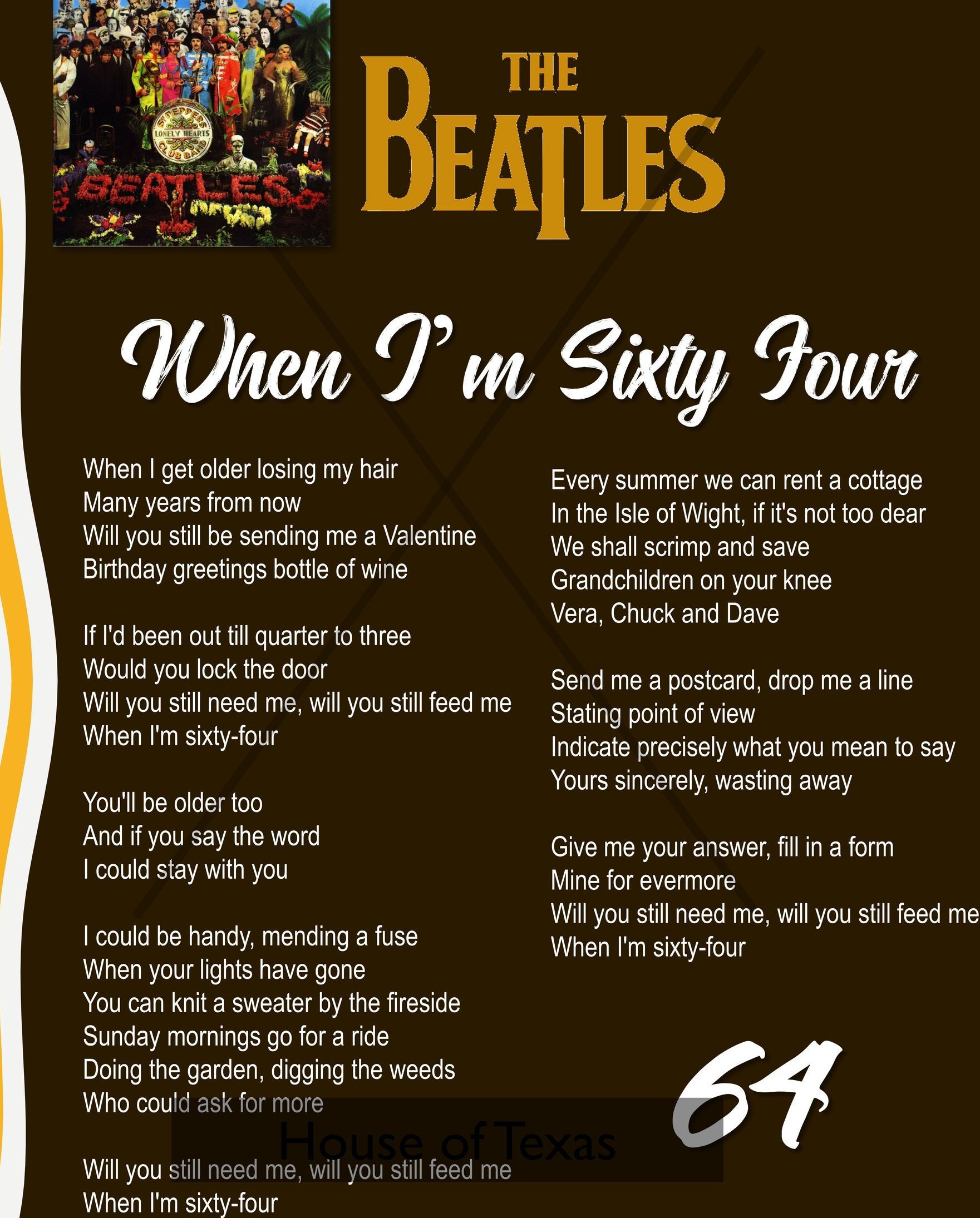When I'm Sixty Four Print - the Beatles - Beatles Lyrics - From Sgt ...