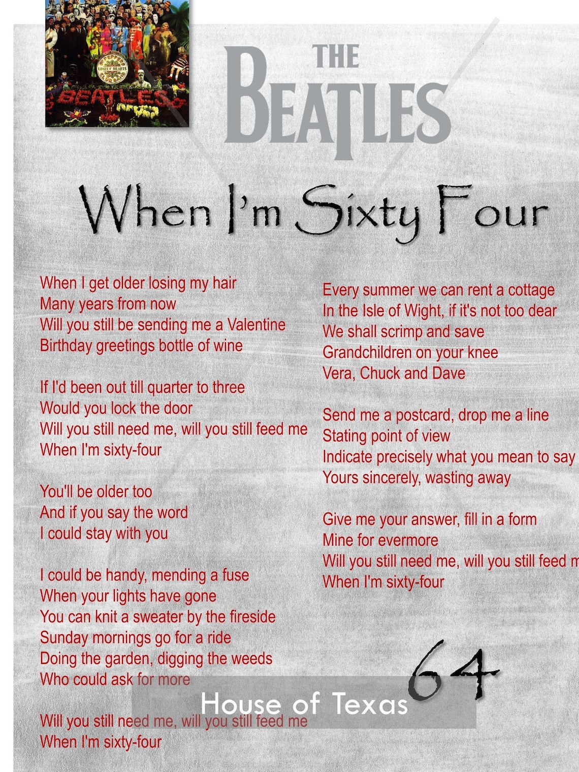 When I'm Sixty Four Print the Beatles Beatles Lyrics From Sgt Pepper ...