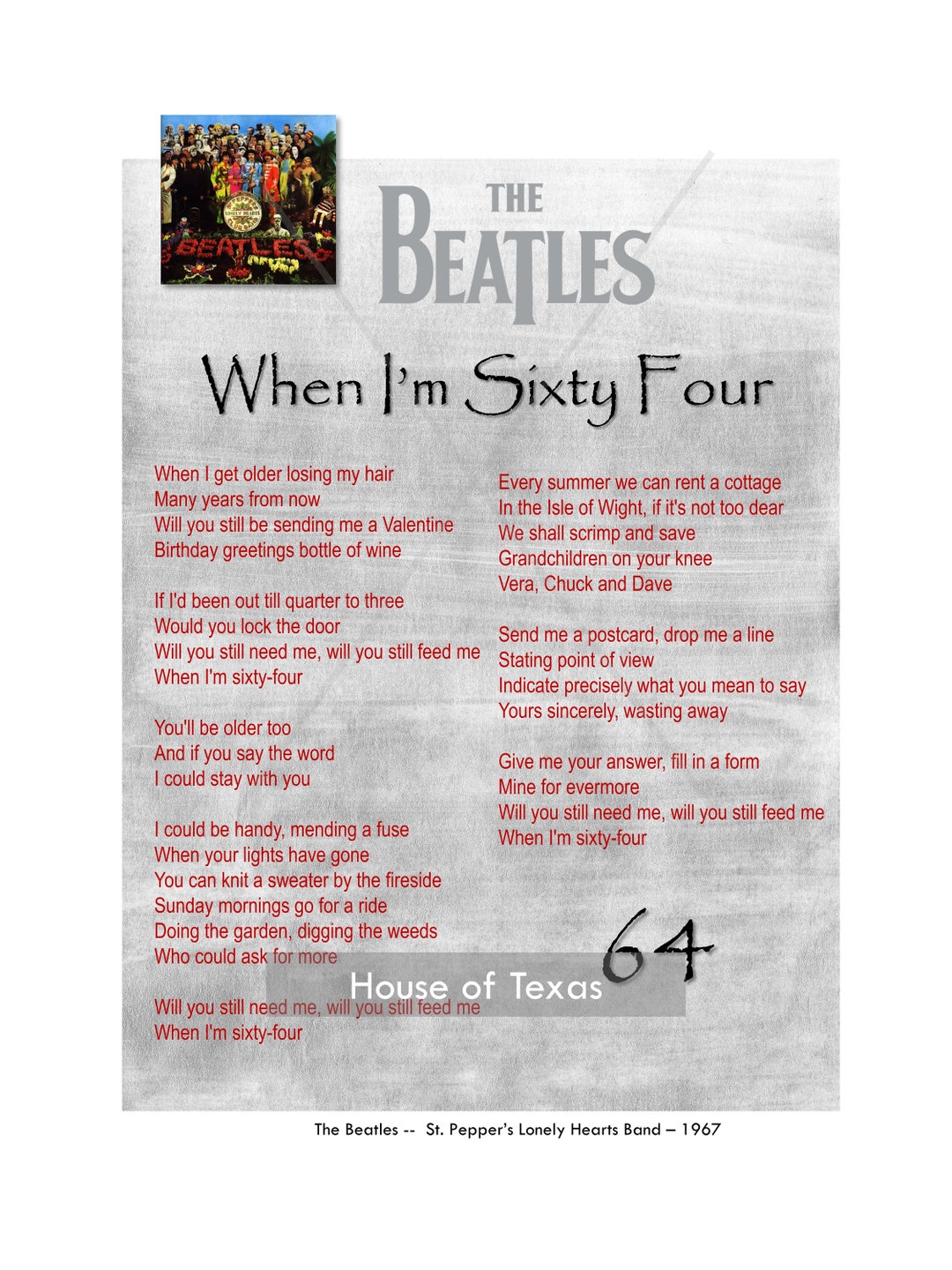 When I'm Sixty Four Print - the Beatles - Beatles Lyrics - From Sgt ...