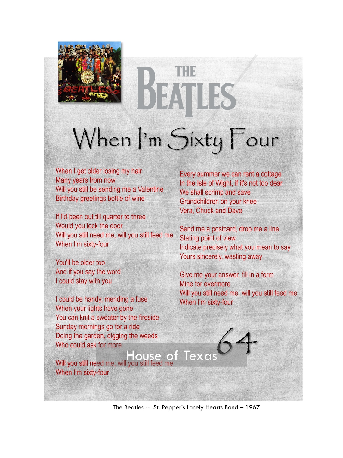 When I'm Sixty Four Print the Beatles Beatles Lyrics From Sgt Pepper ...