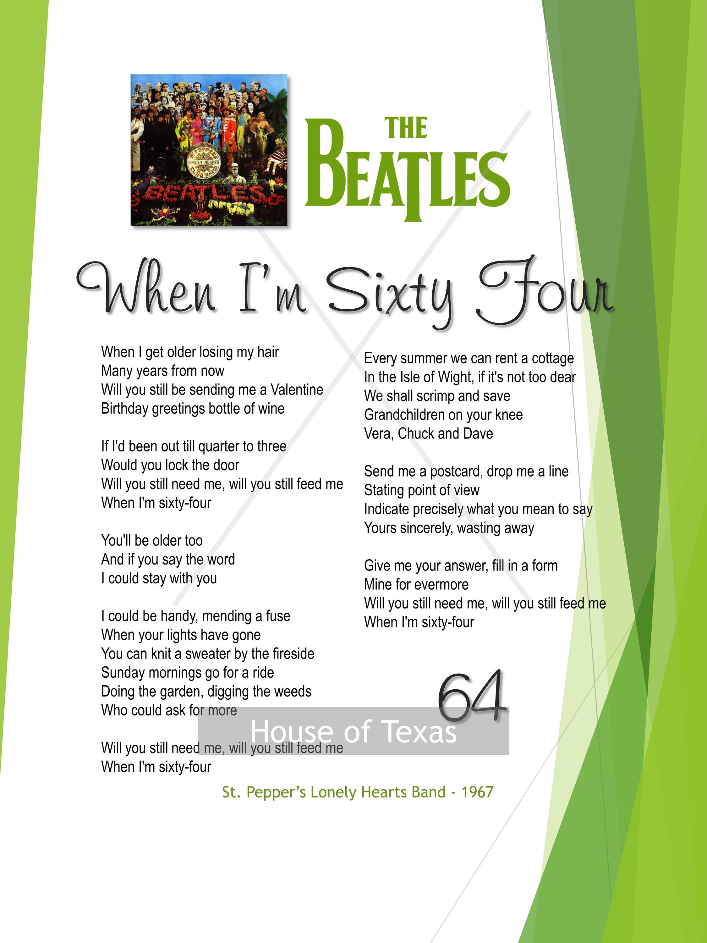 When I'm Sixty Four Print the Beatles Beatles Lyrics From Sgt Pepper ...
