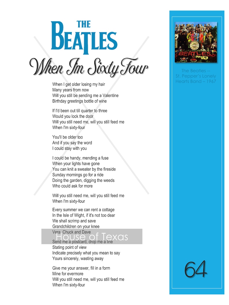 When I'm Sixty Four Print the Beatles Beatles Lyrics From Sgt Pepper ...