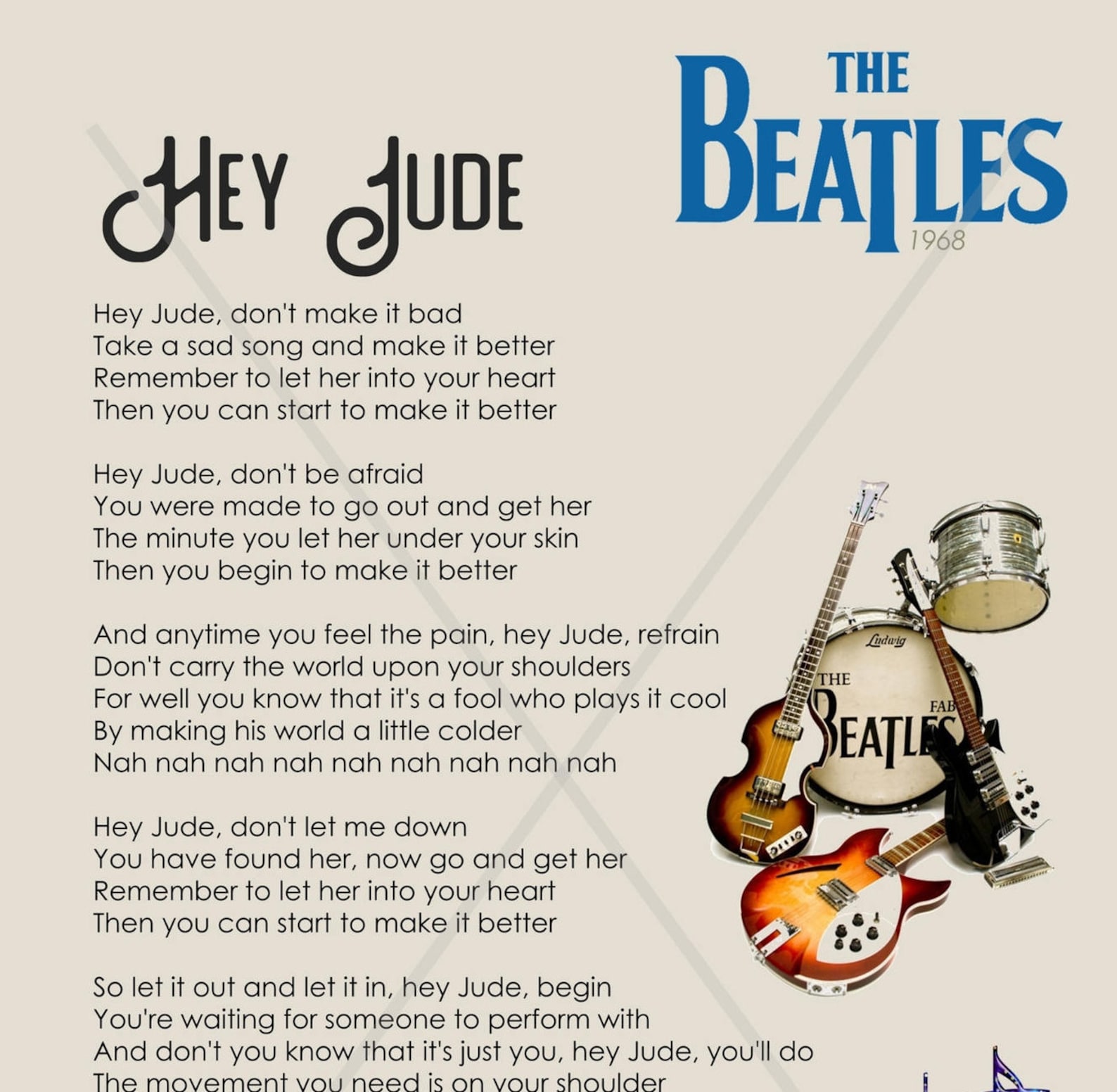 Hey Jude Print - the Beatles - Beatles Lyrics - From the Singles ...