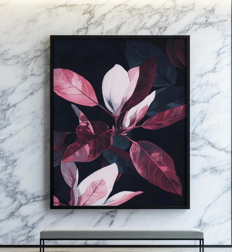 Minimalist Magnolia Leaf Art Print Elegant Botanical Wall Art, Dark ...